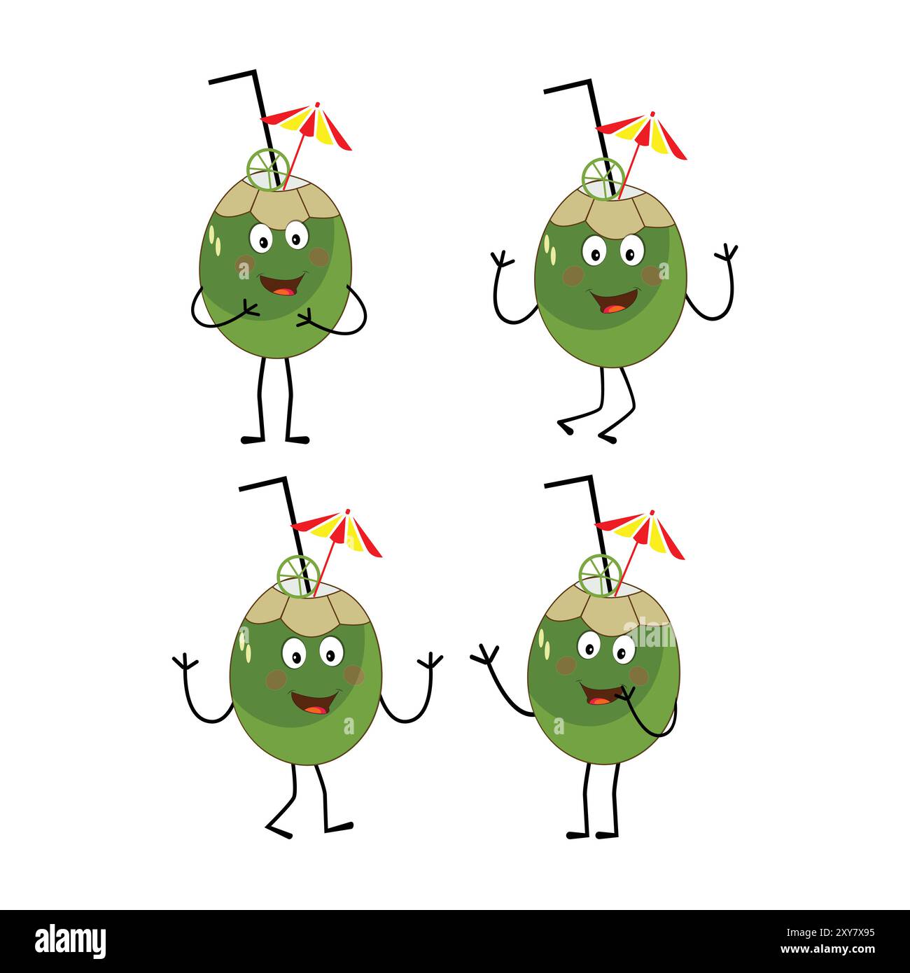 Set of green coconut fruit cartoon character, Mascot poses with smile ...