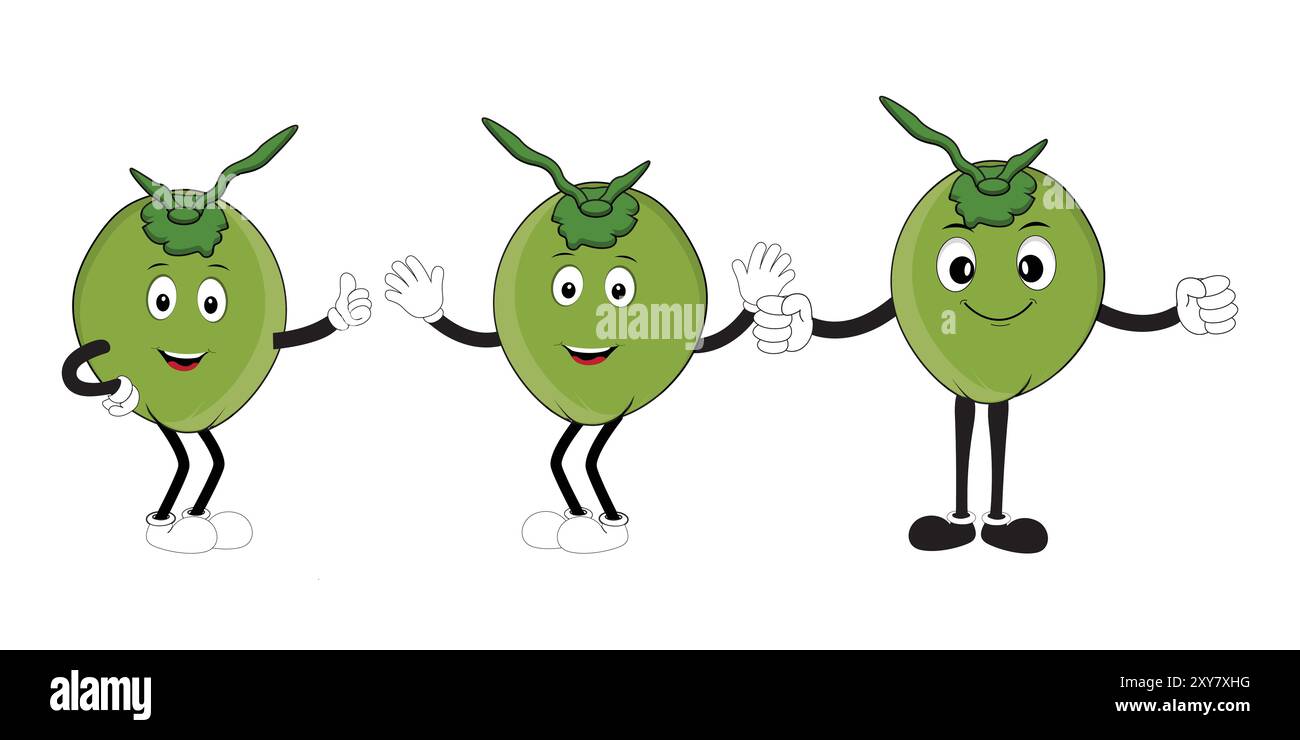 Set of green coconut fruit cartoon character, Mascot poses with smile ...