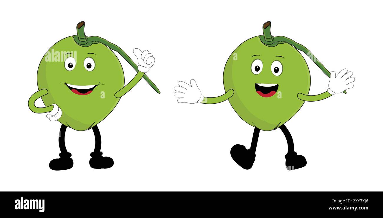 Set of green coconut fruit cartoon character, Mascot poses with smile ...