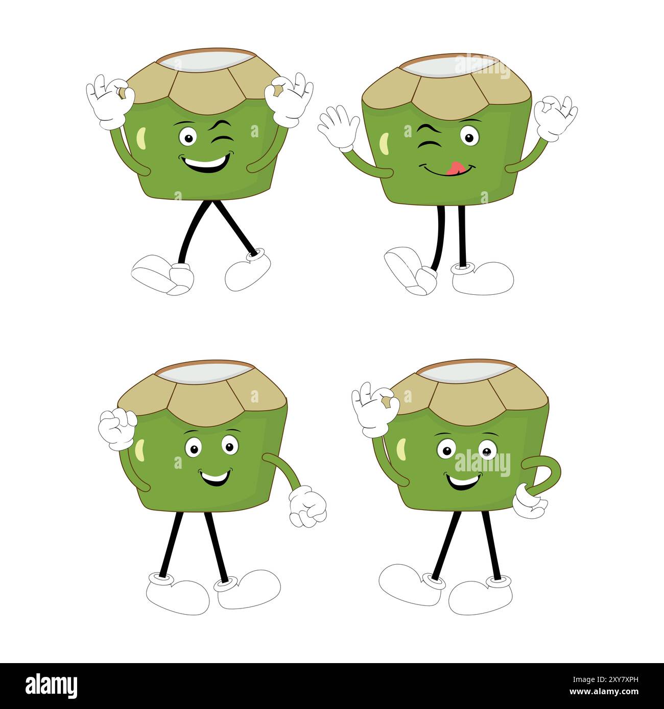 Set of green coconut fruit cartoon character, Mascot poses with smile ...