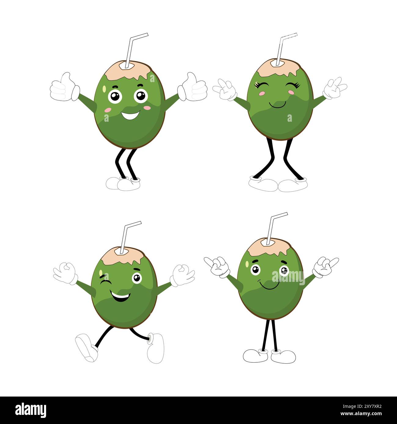 Set of green coconut fruit cartoon character, Mascot poses with smile ...