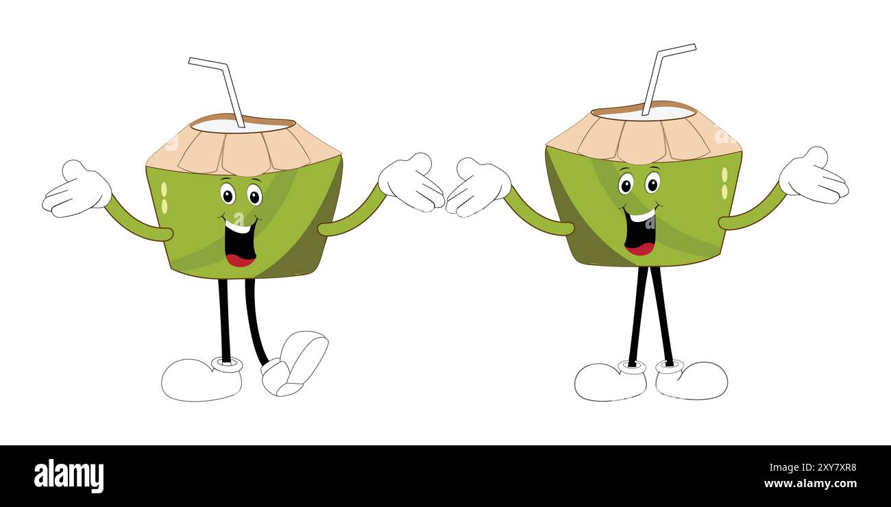 Set of green coconut fruit cartoon character, Mascot poses with smile ...
