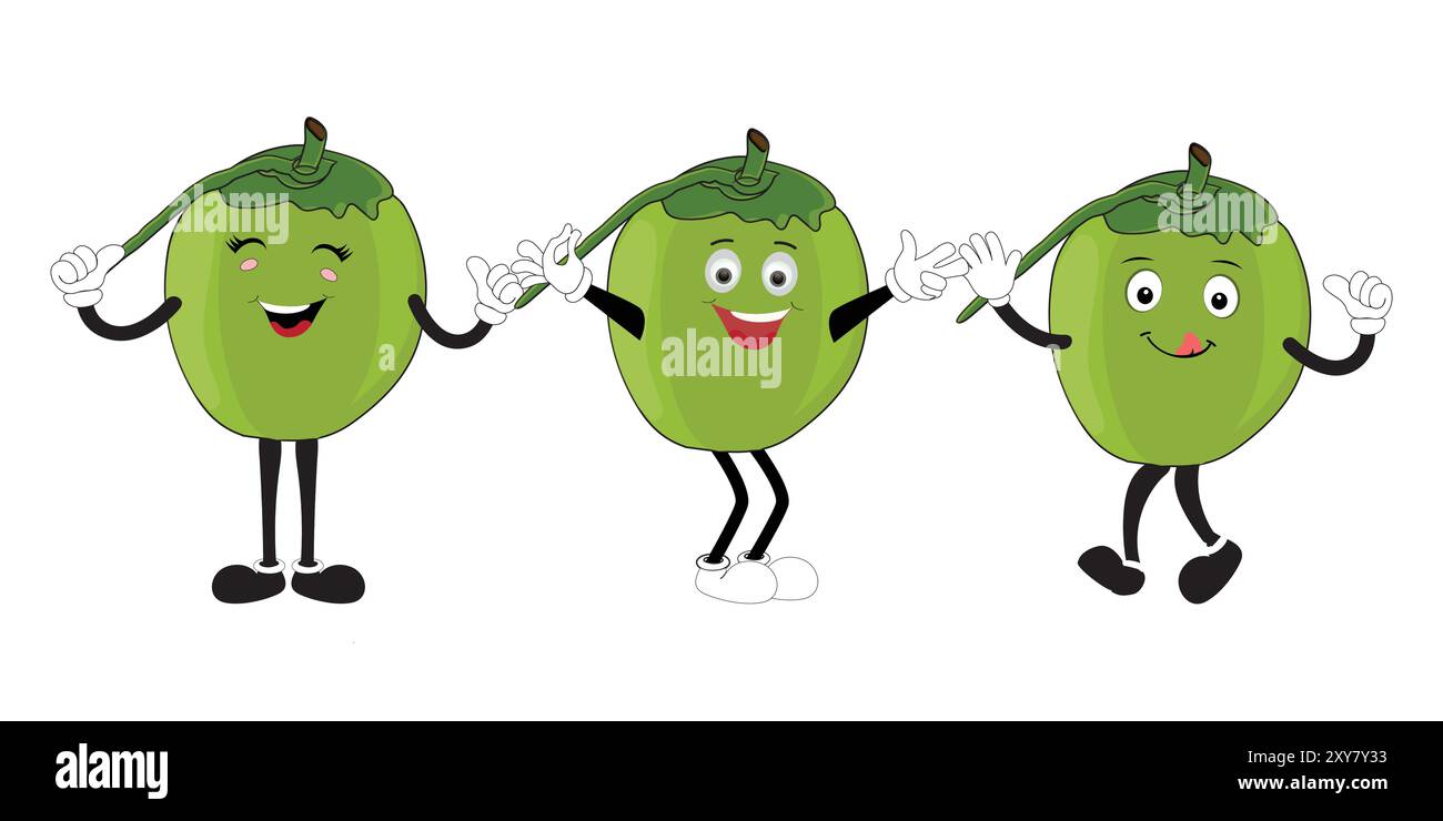 Set of green coconut fruit cartoon character, Mascot poses with smile ...
