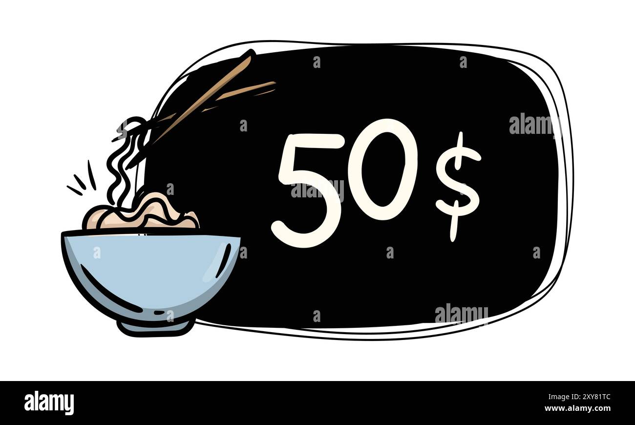 Simple black hand drawn label with noodles and chinese chopsticks ...