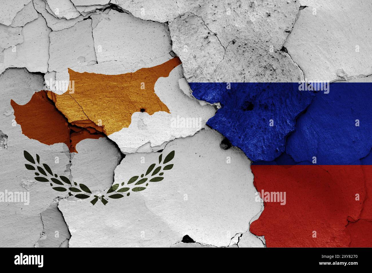 Flags of Cyprus and Russia painted on cracked wall Stock Photo - Alamy