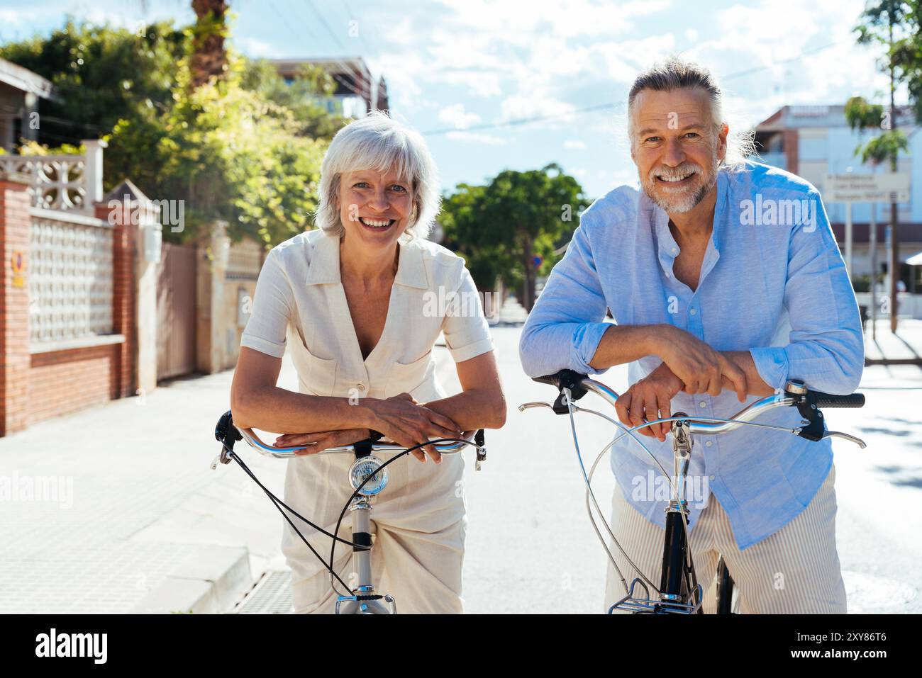 Beautiful happy senior couple dating at the seaside during summertime ...