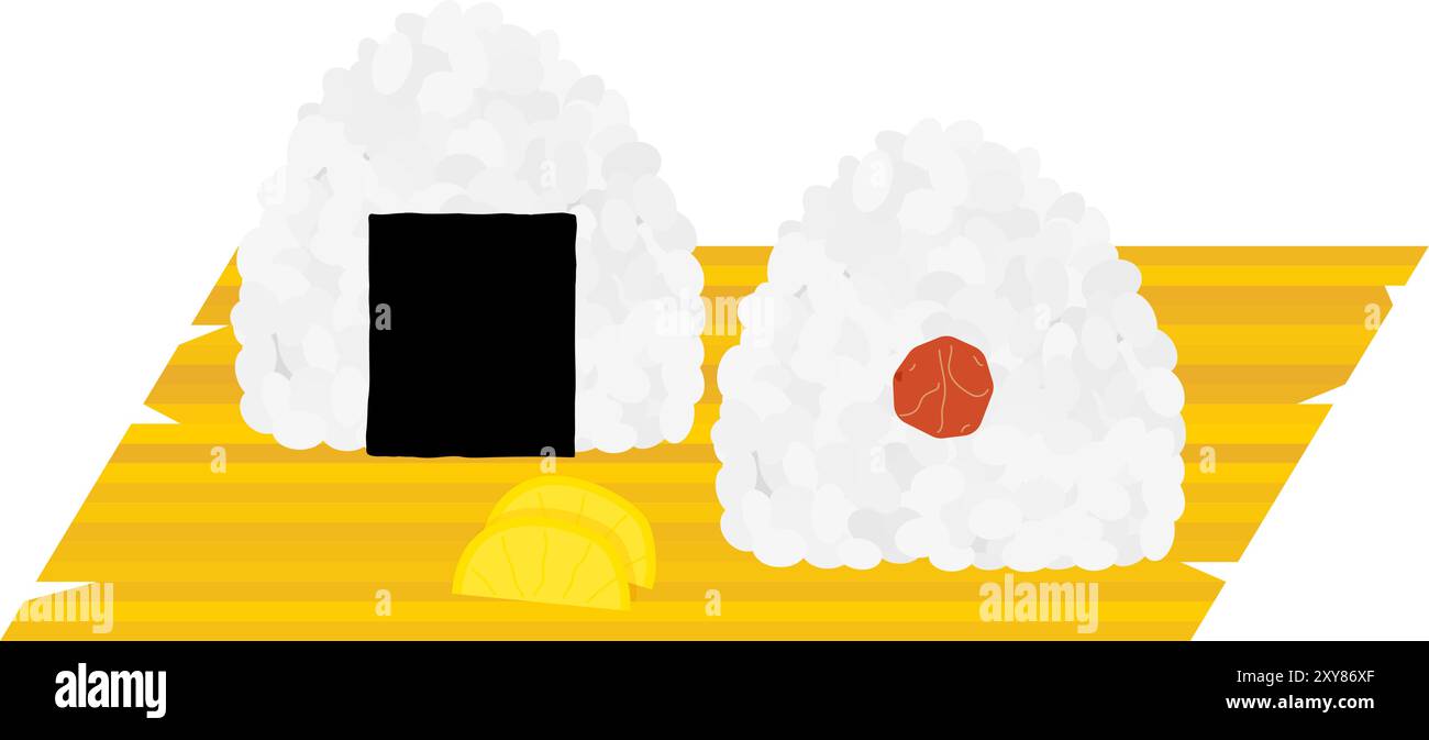 Illustration of rice balls wrapped in seaweed and with pickled plums ...