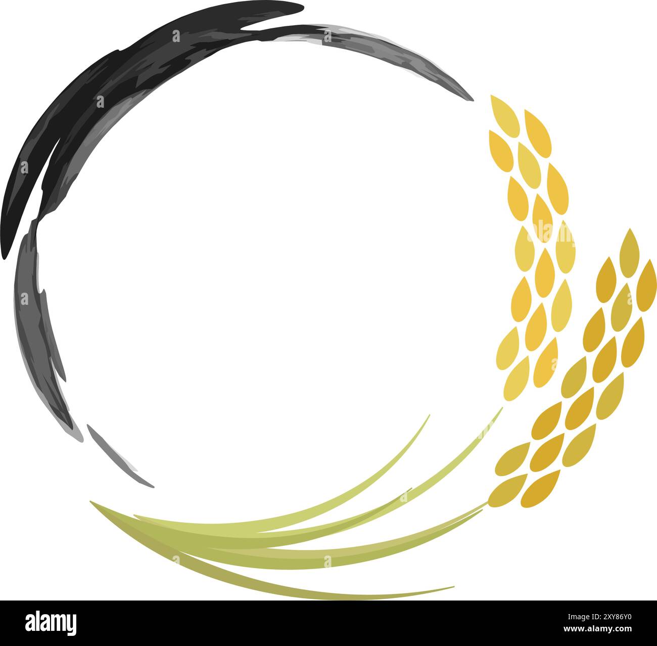 Harvest of rice and new rice, label frame with ears of rice and brush ...