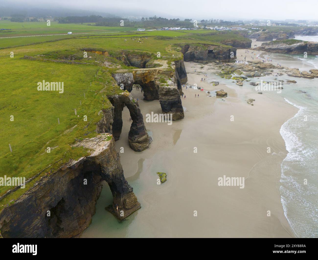 Aerial view of rocky cliffs and arches on a subtropical coast with ...