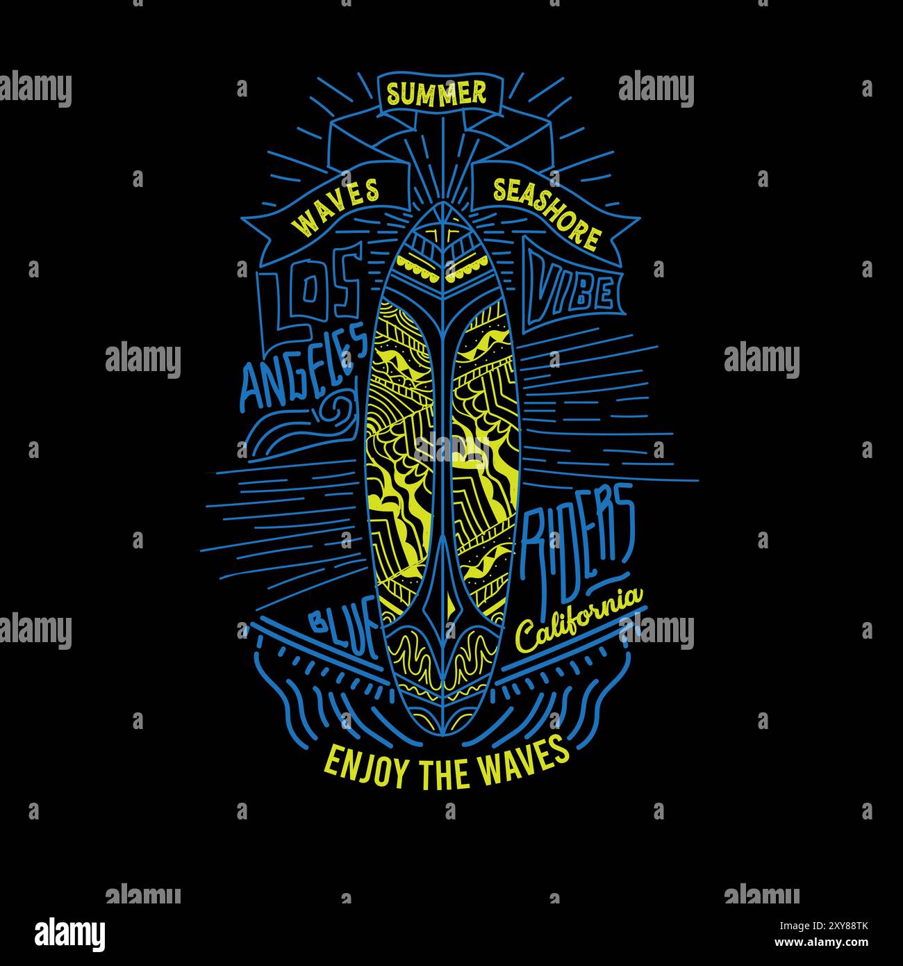 summer Surfing riders hand drawn surf board typography california waves ...