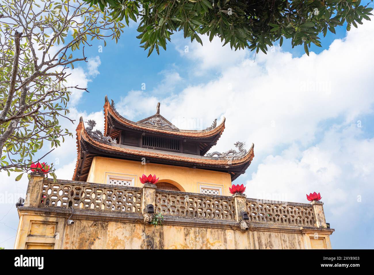 Old chinese temple in Hanoi with flower and classic asian and ...