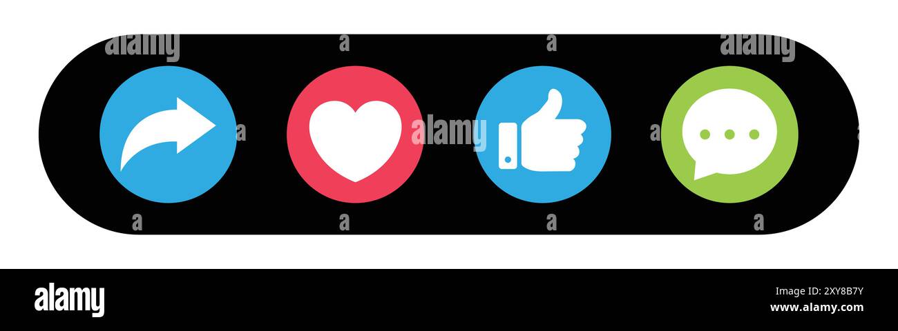 Like, Share, comment and love heart icon buttons in color on black ...