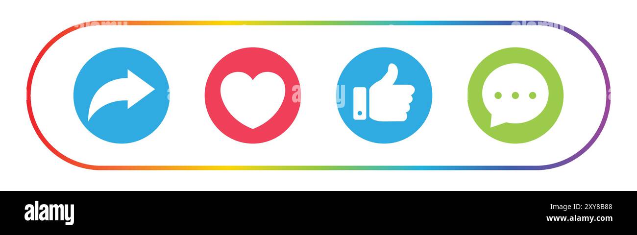 Like, Share, comment and love heart icon buttons in color on white ...