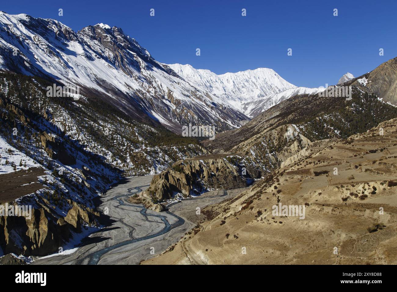 View of valley and the Marsyangdi River at Manang Village on the ...