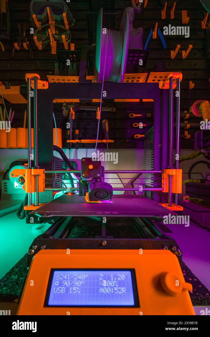 Wide shot 3D printer. Design studio. Home production prototyping. Tools ...