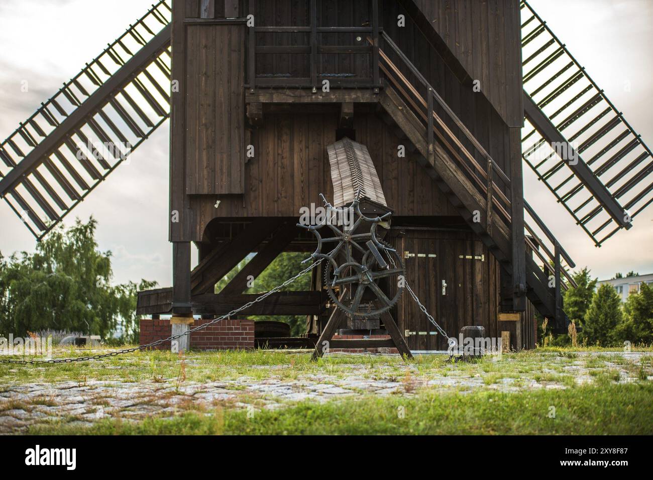 BERLIN, GERMANY, JULY 16: detail of a historical brown wooden windmill ...