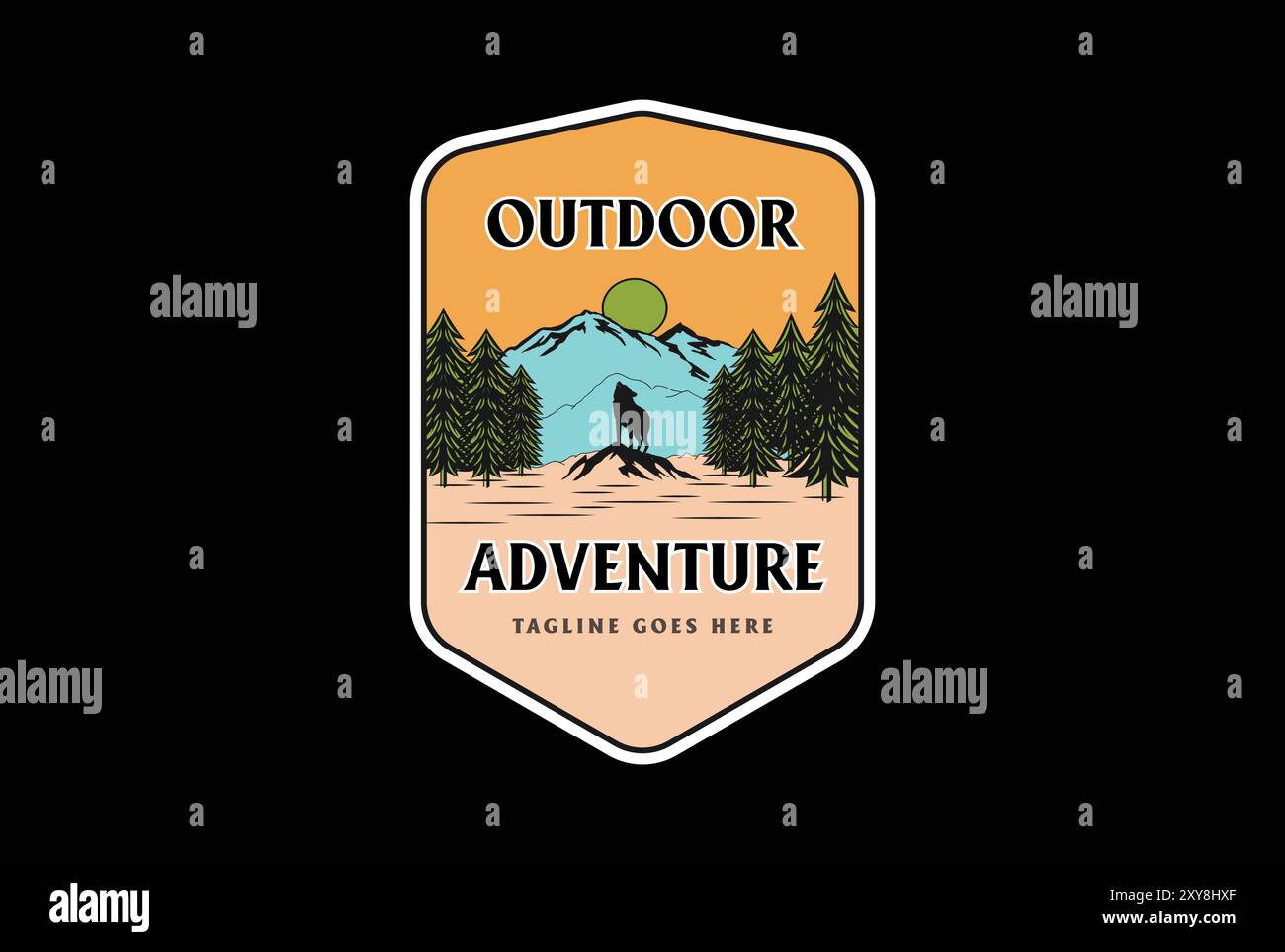 Mountain Pine Forest with Howling Wolf for Outdoor Adventure Badge ...