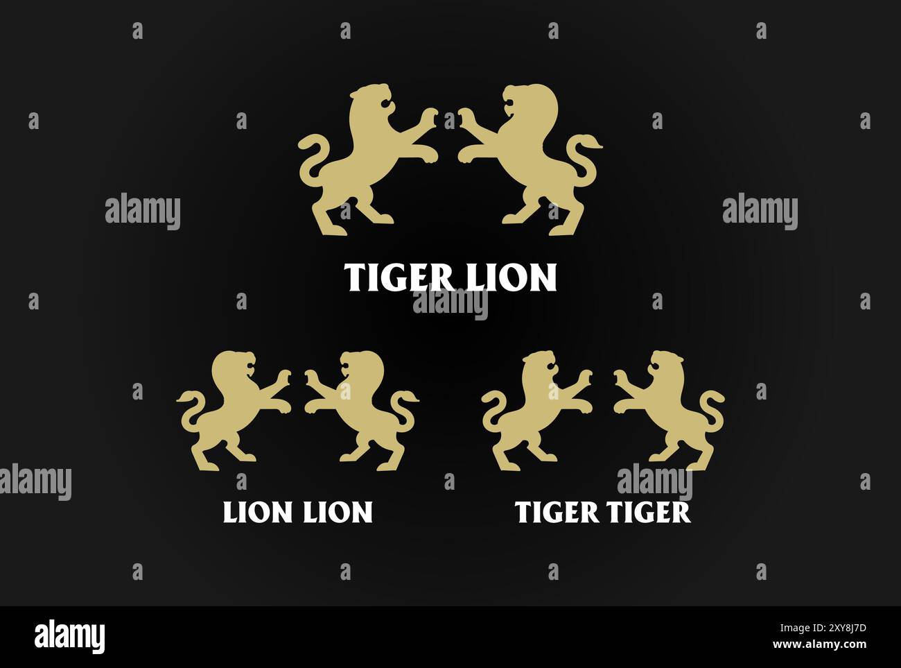 Golden Strong Standing Lion Leo and Tiger Silhouette Crest Logo Design ...