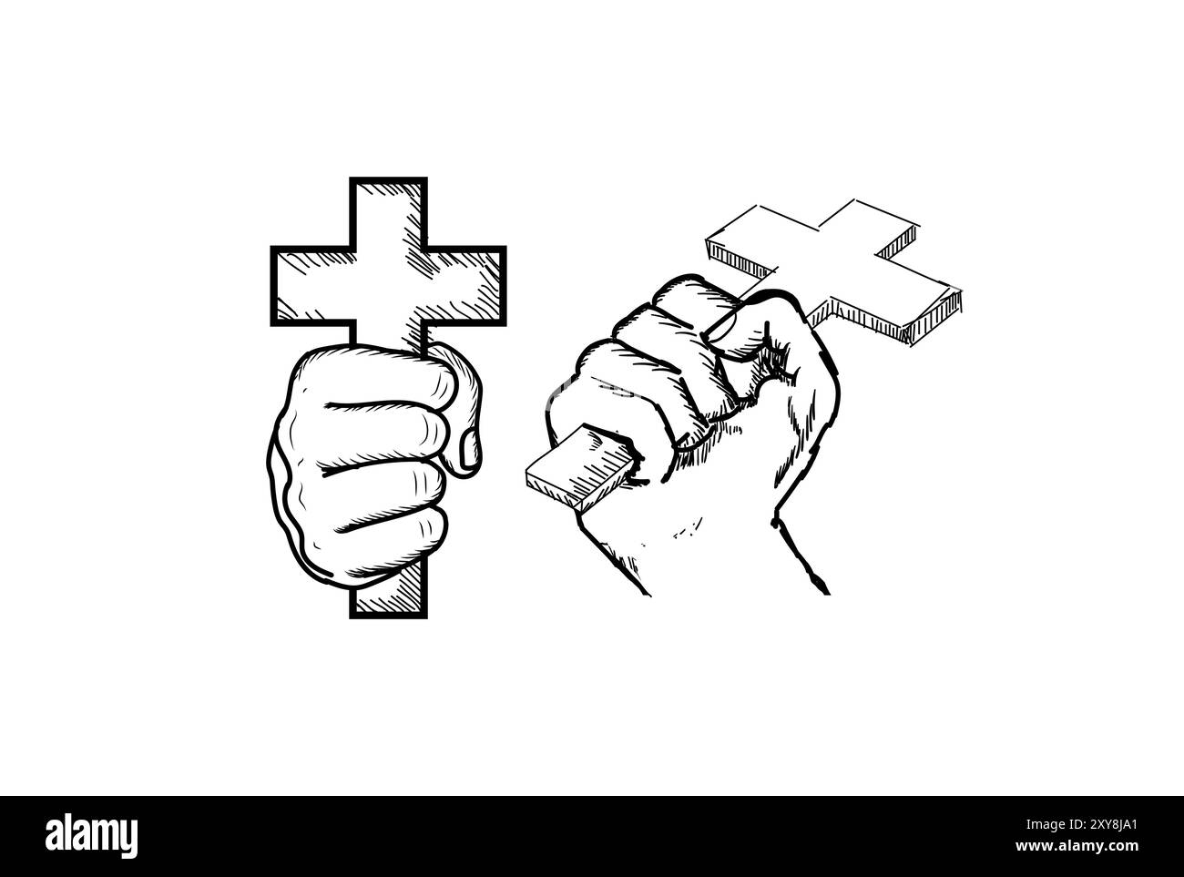 Hand Drawn Sketch Hand Hold Wooden Metal Jesus Christian Catholic Cross ...