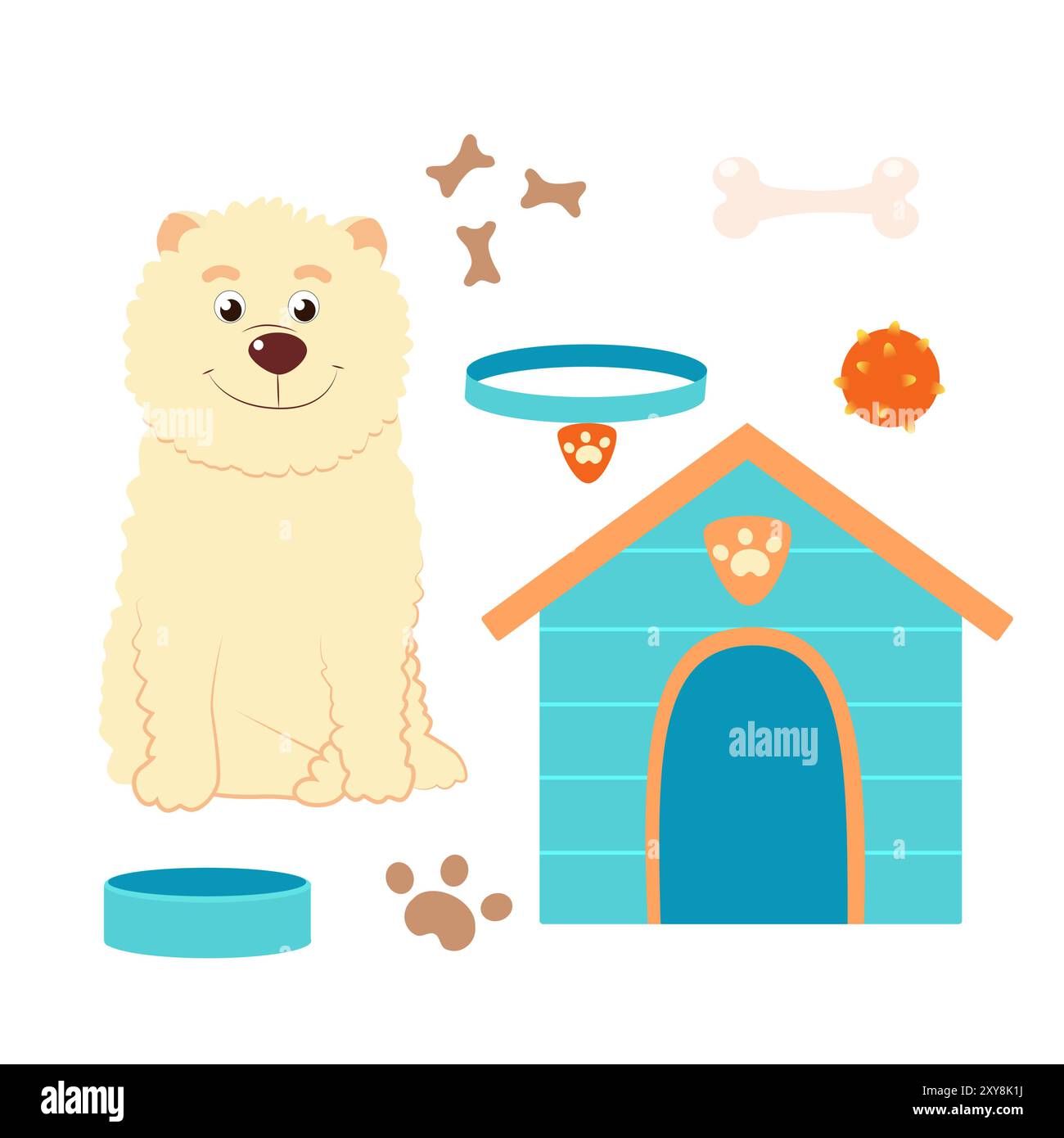 Set of dog and dog house, bone, paw footprint, collar, plate, ball ...