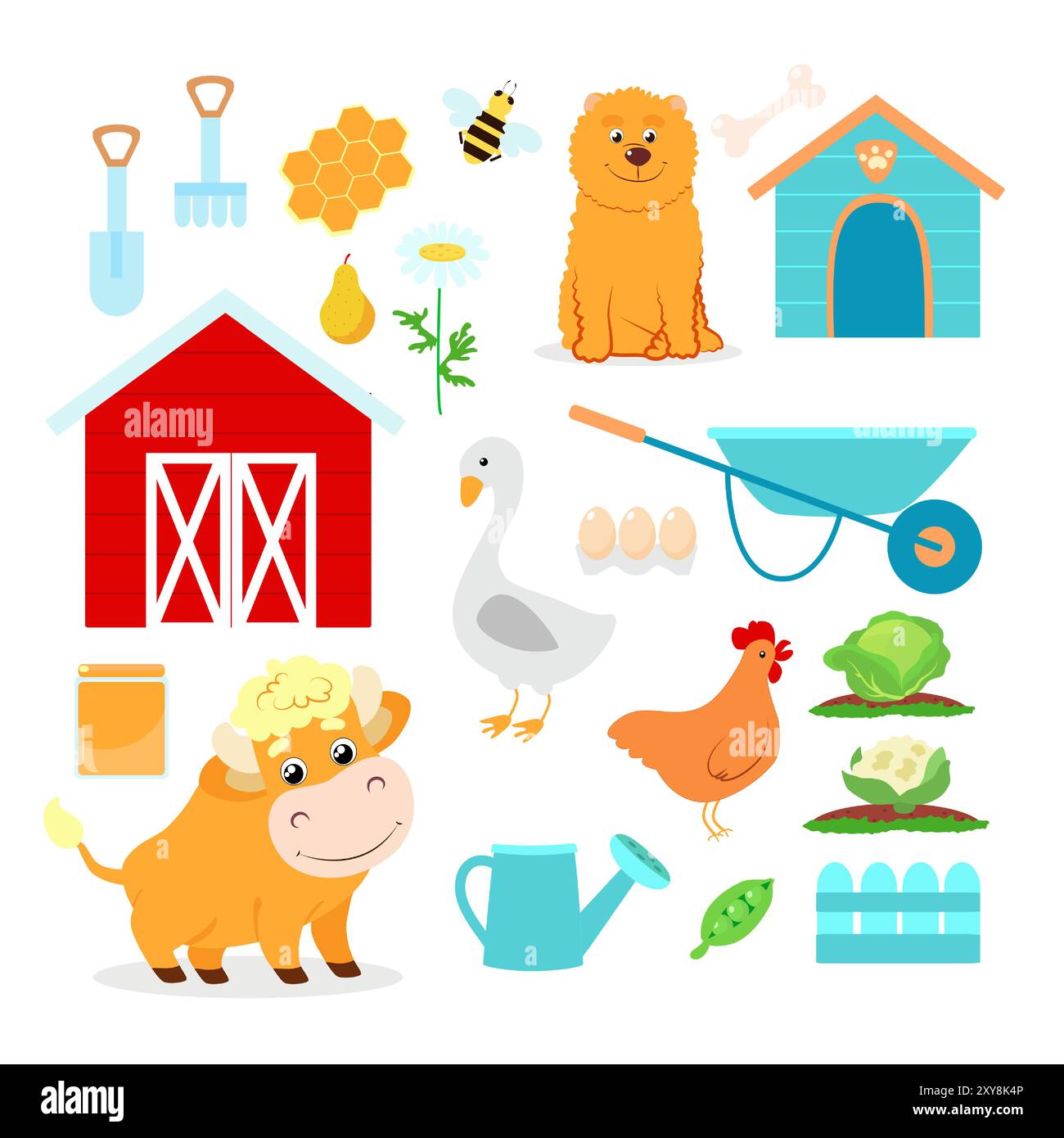 Set farm in cartoon style. The illustration depicts a barn, goby, goose ...