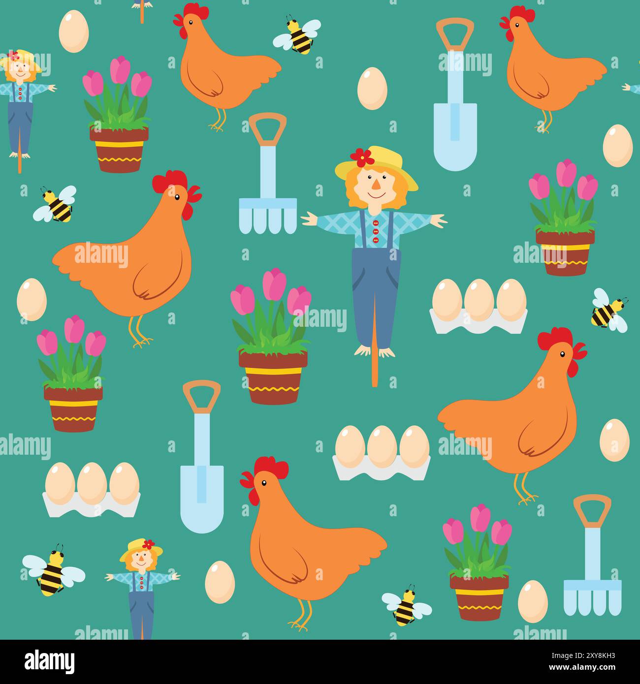Seamless pattern cute scarecrow, planter with flowers tulips, bee ...