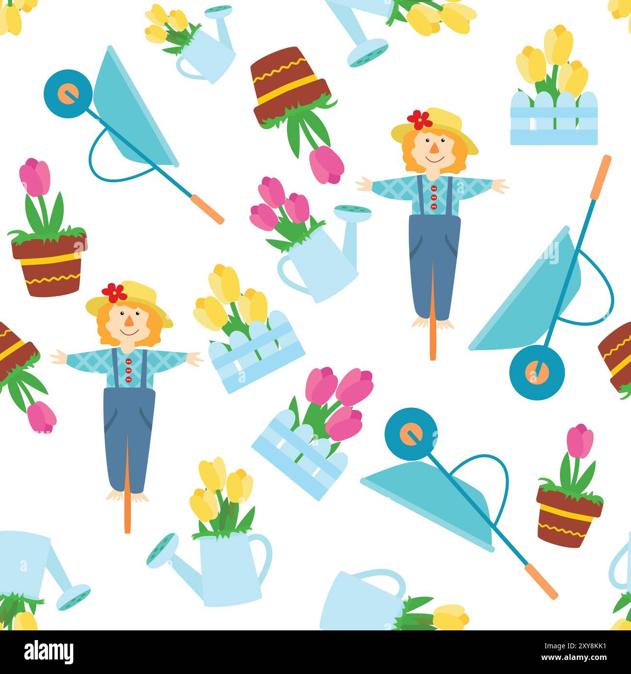 Seamless pattern cute scarecrow, planter and watering can with flowers ...