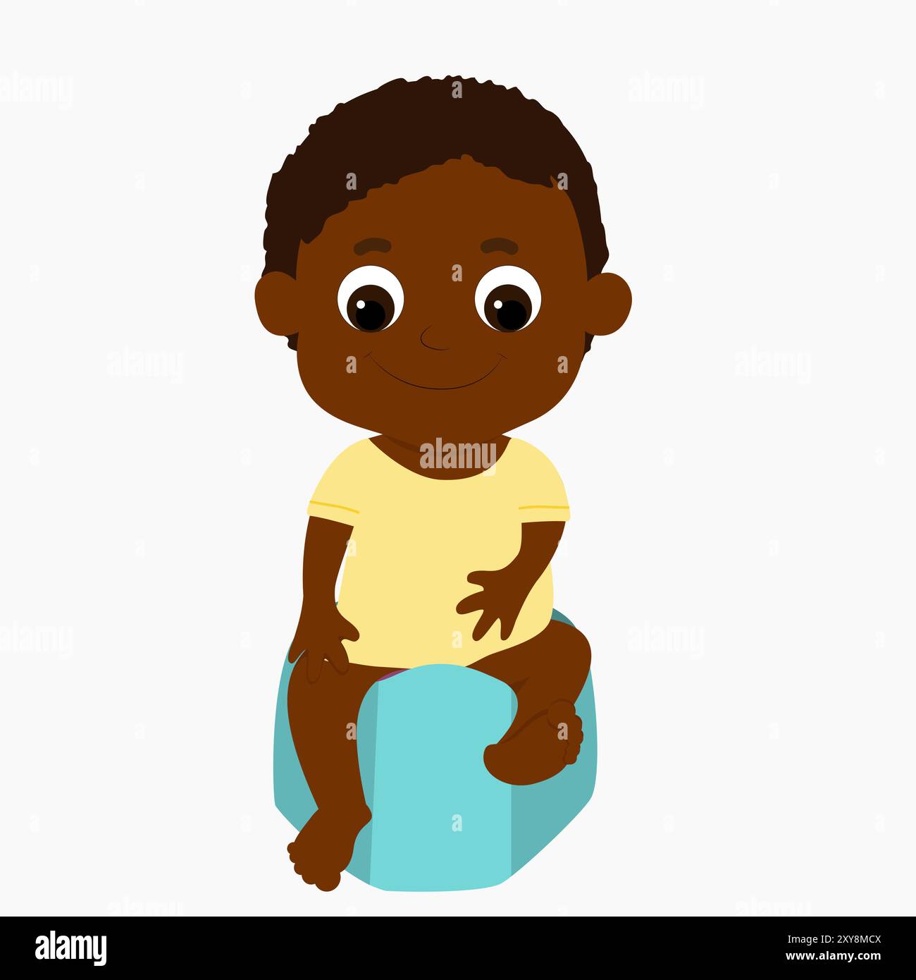 A cute little boy is sitting on a baby toilet pot. The African or ...