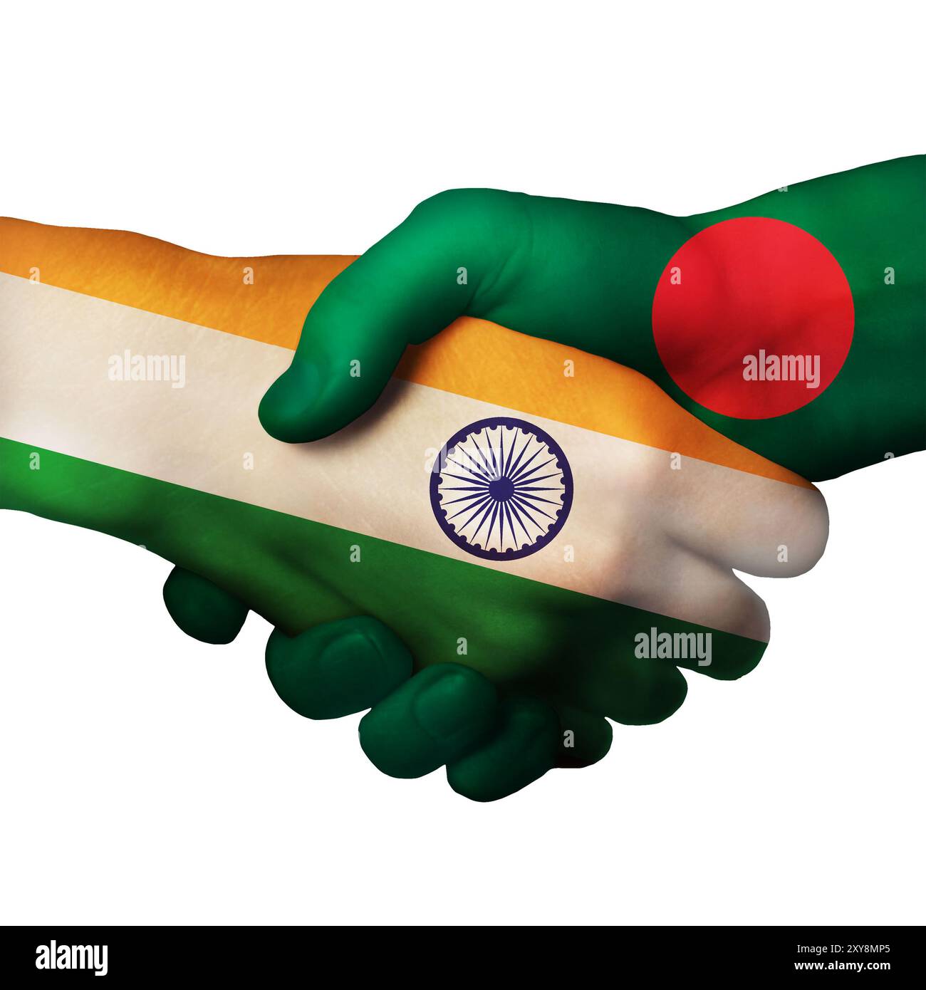 Two hands with Bangladeshi and Indian flags shaking together. Concept ...