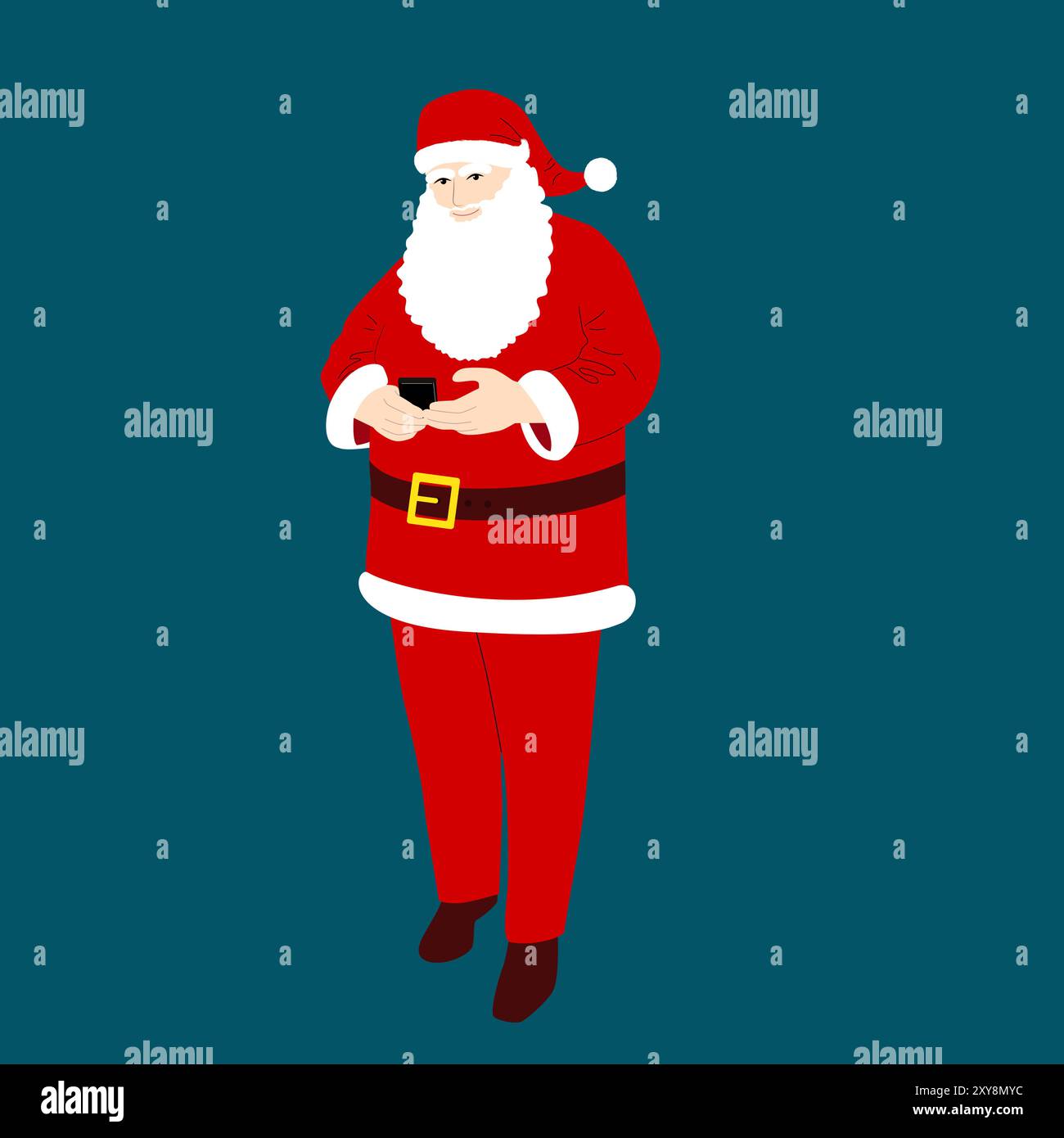 Big Santa Claus in traditional costume with a mobile phone in his hands ...