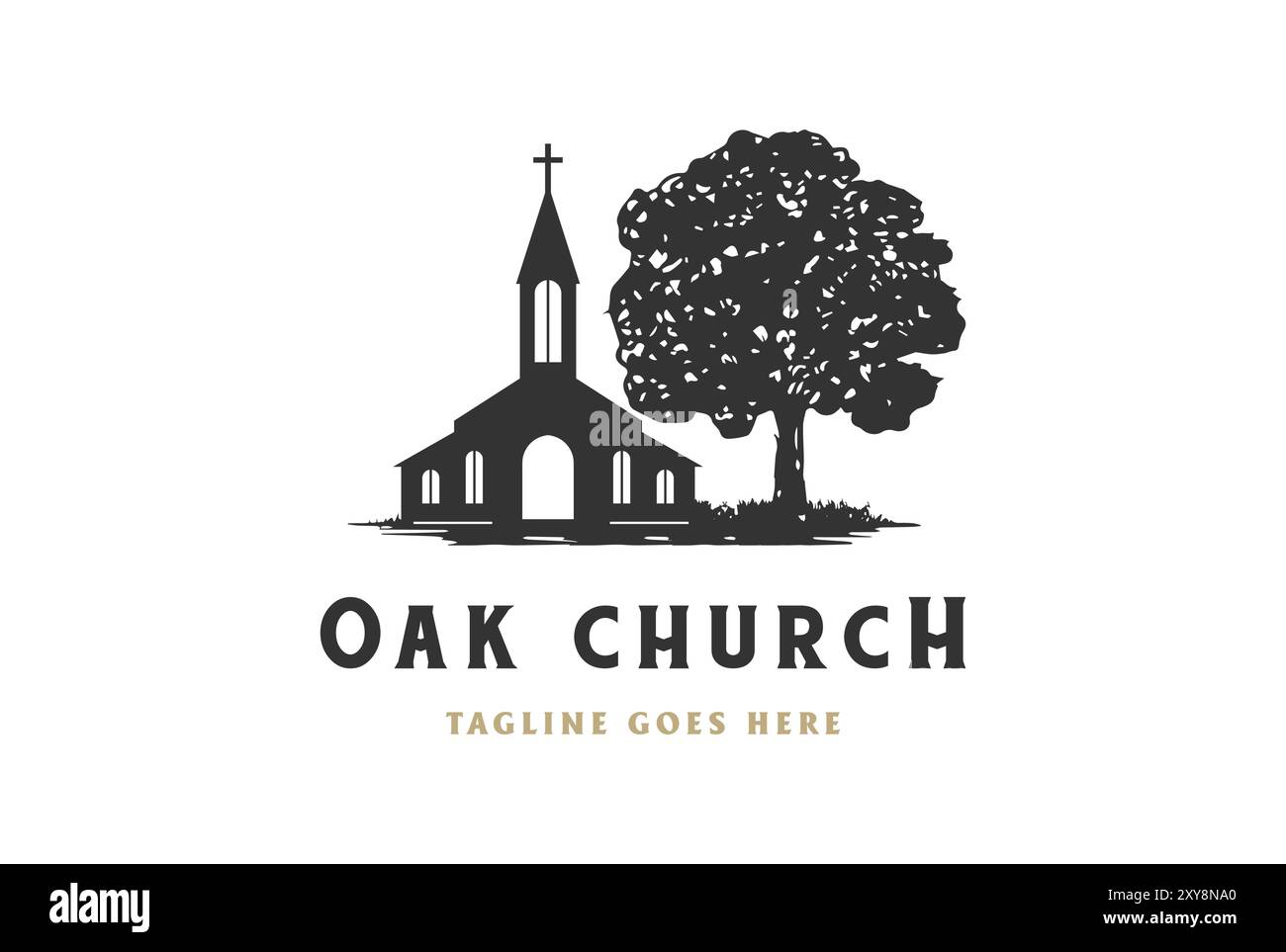 Rustic Retro Vintage Oak Banyan Maple Tree with Christian Church Chapel ...