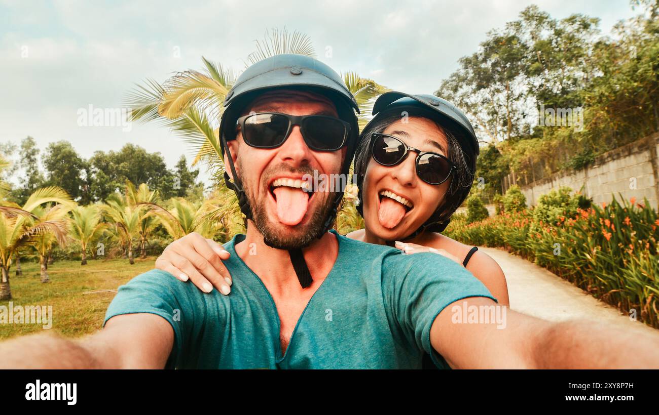Portrait crazy smiley young happy caucasian couple take smartphone ...