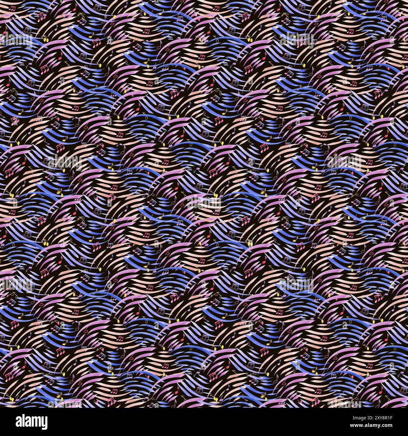 Flying abstract music waves and music notes watercolor dense seamless ...