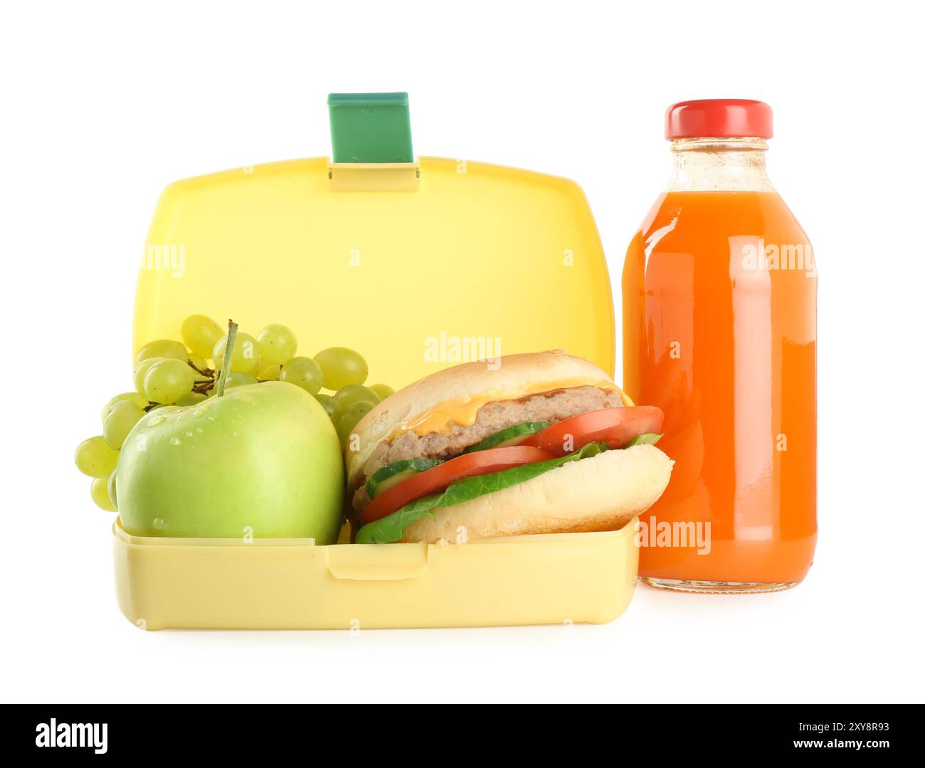 Plastic lunch box with burger, fresh fruits and bottle of juice ...