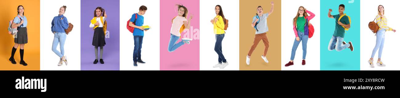 Children with backpacks on different colors backgrounds. Back to school ...