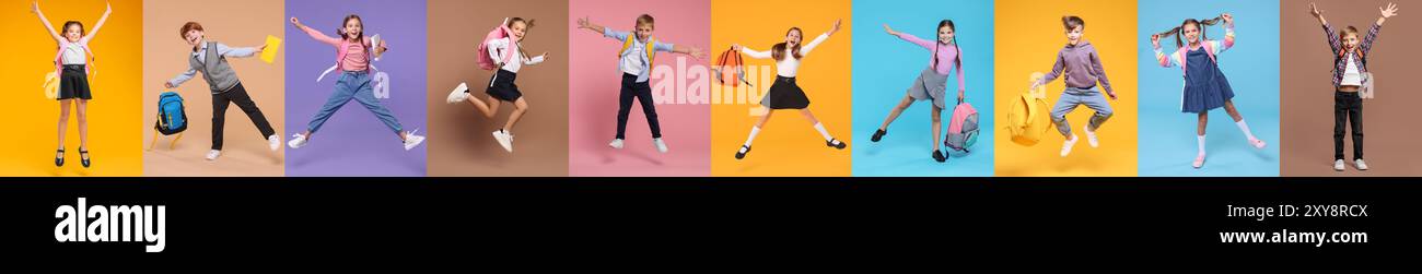 Children with backpacks on different colors backgrounds. Back to school ...