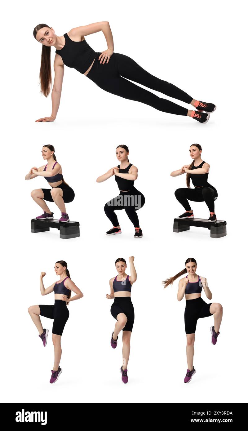 Young woman doing aerobic exercises on white background, collage Stock ...