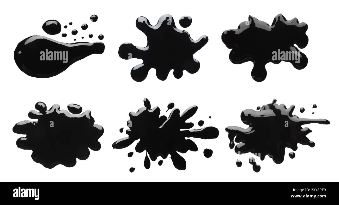 Blots of black printer ink on white background, set. Top view Stock ...