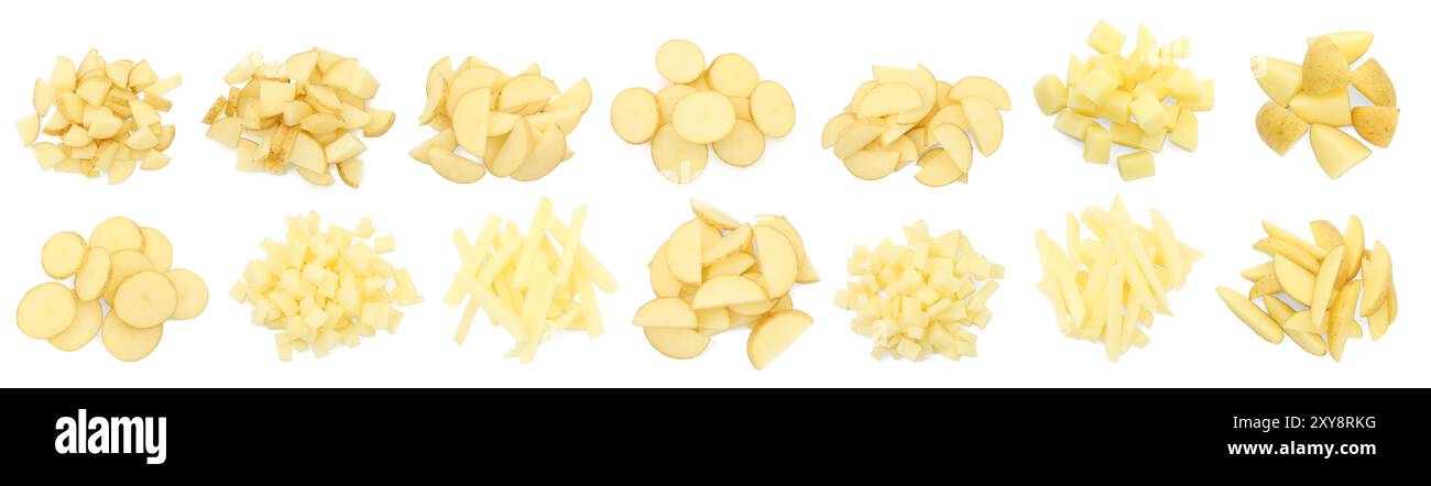 Potatoes sliced in different ways isolated on white, set Stock Photo ...