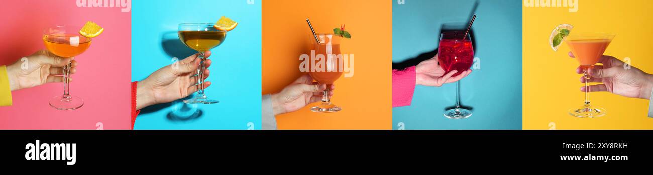 Variety of cocktails in people's hands on different colors backgrounds ...