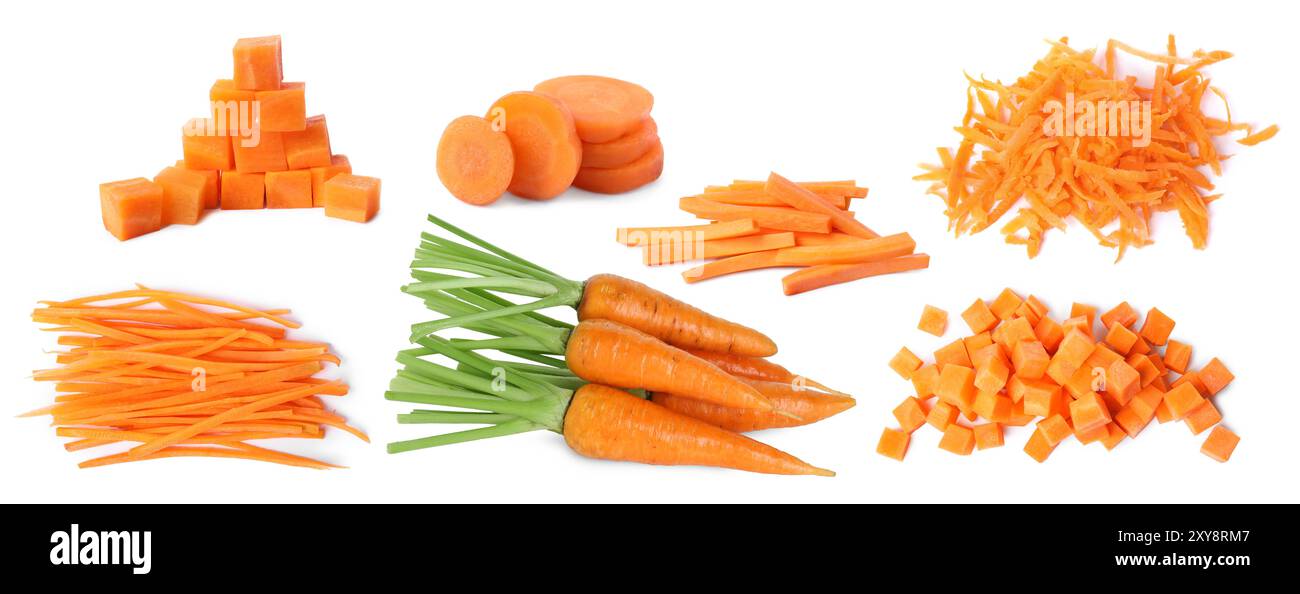 Fresh carrots isolated on white, collage. Different types of cuts Stock ...