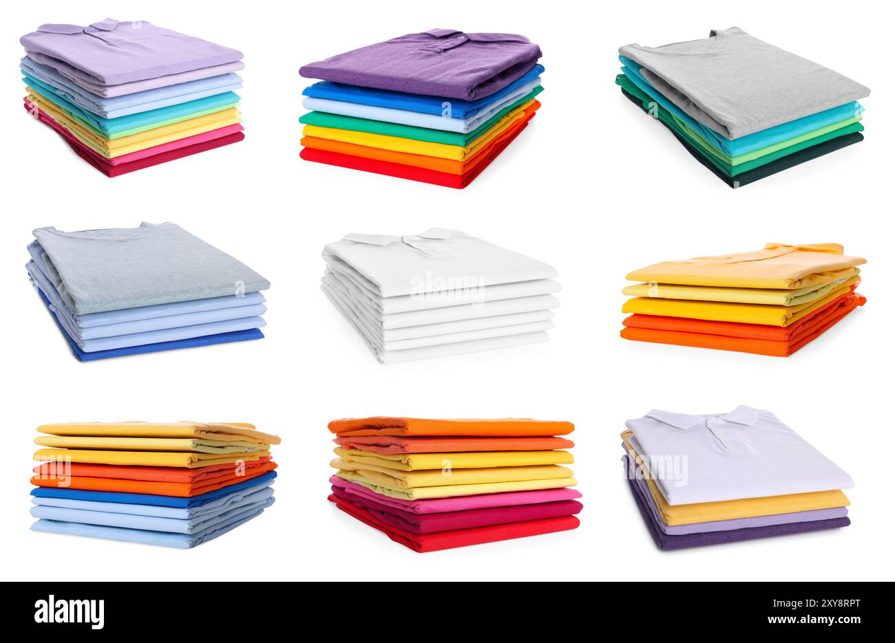 Stacks of different t-shirts isolated on white, collage Stock Photo - Alamy