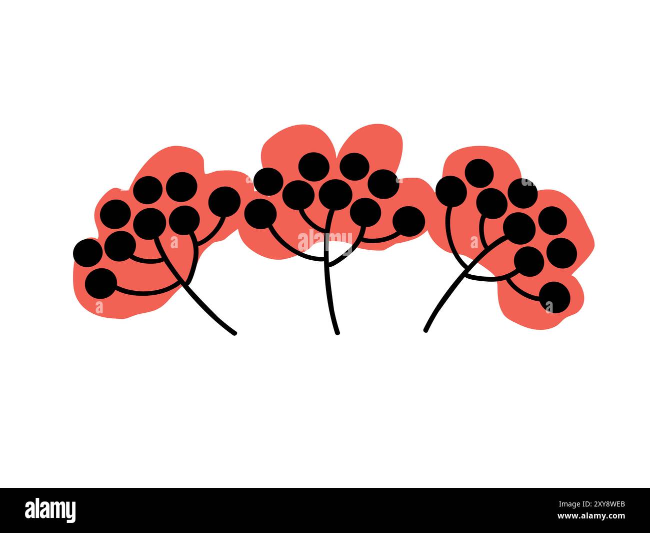 Stylized illustration of three clusters of red flowers with black ...