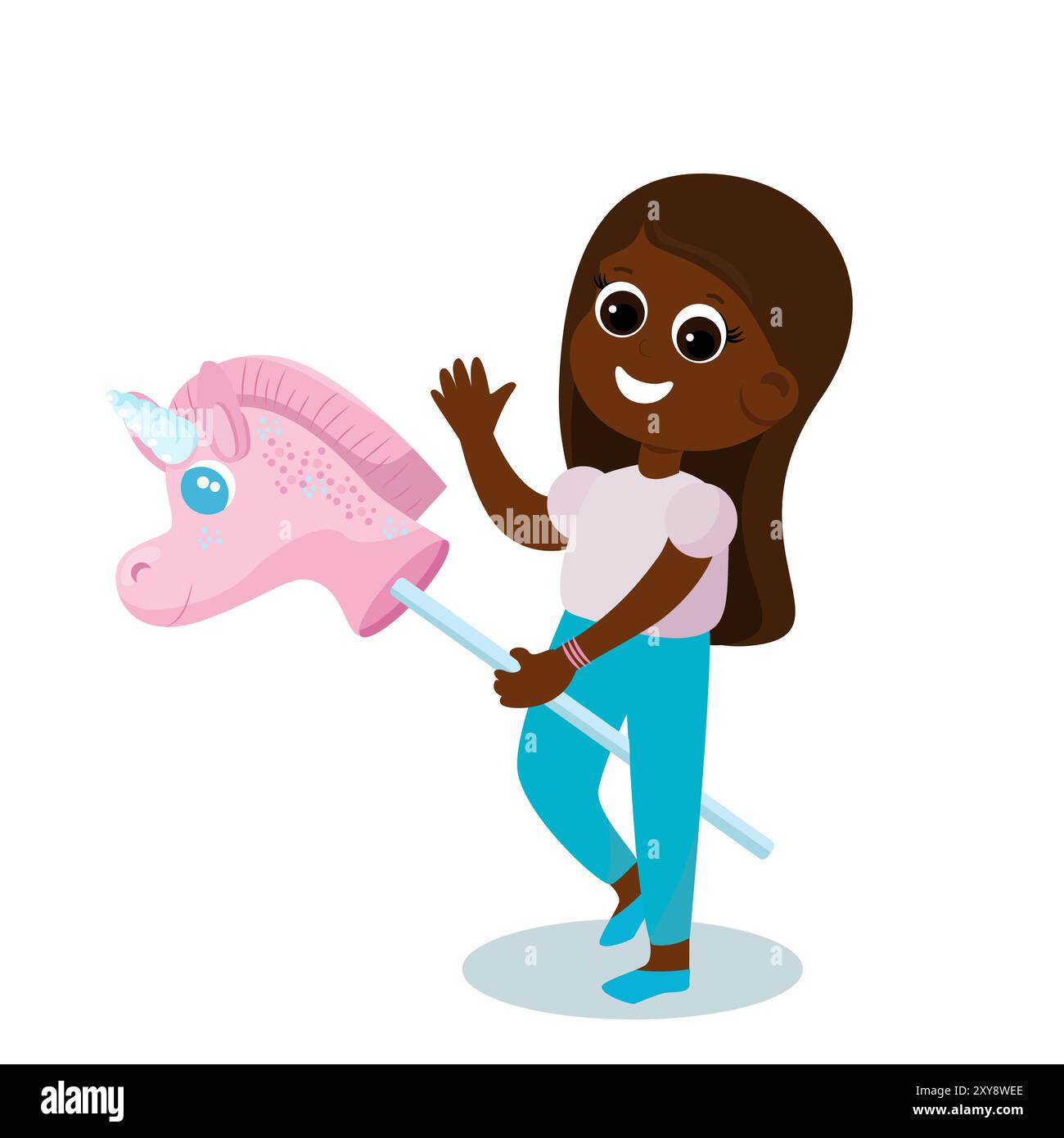 A girl rides a pink unicorn toy on a stick. The child is very happy, she smiles and waves hello ...