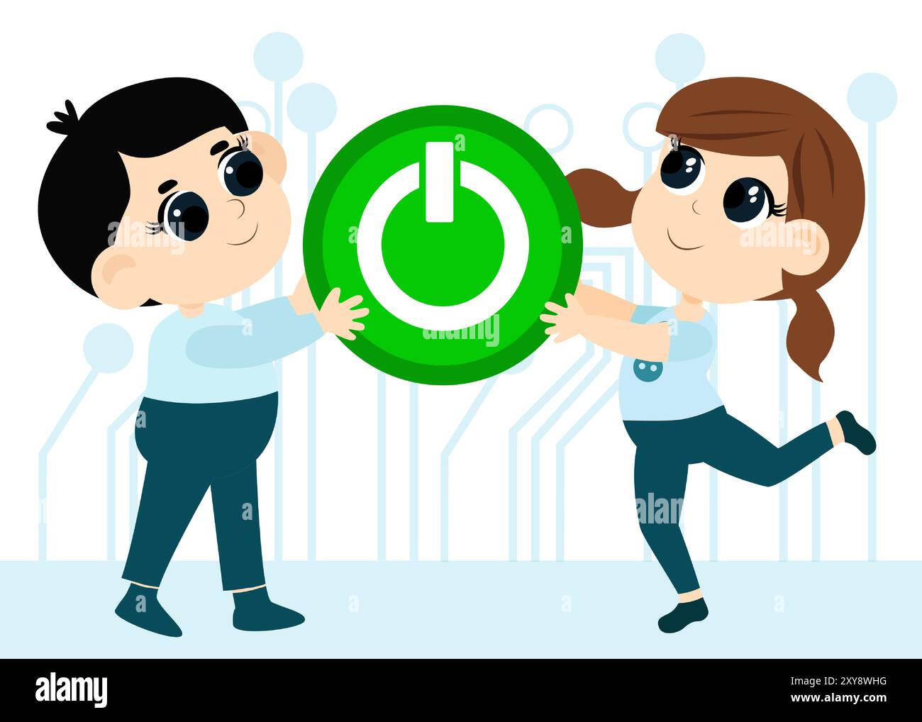 Kid Inventors Day. Cute boy and girl are holding the Power button as a ...