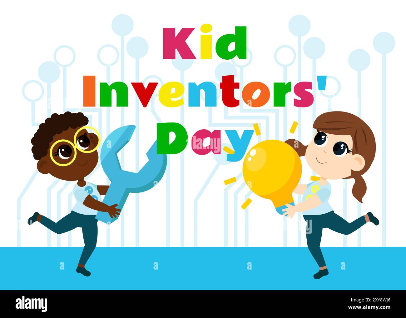 Kid Inventors Day. Cute boy and girl with light bulb and wrench and ...