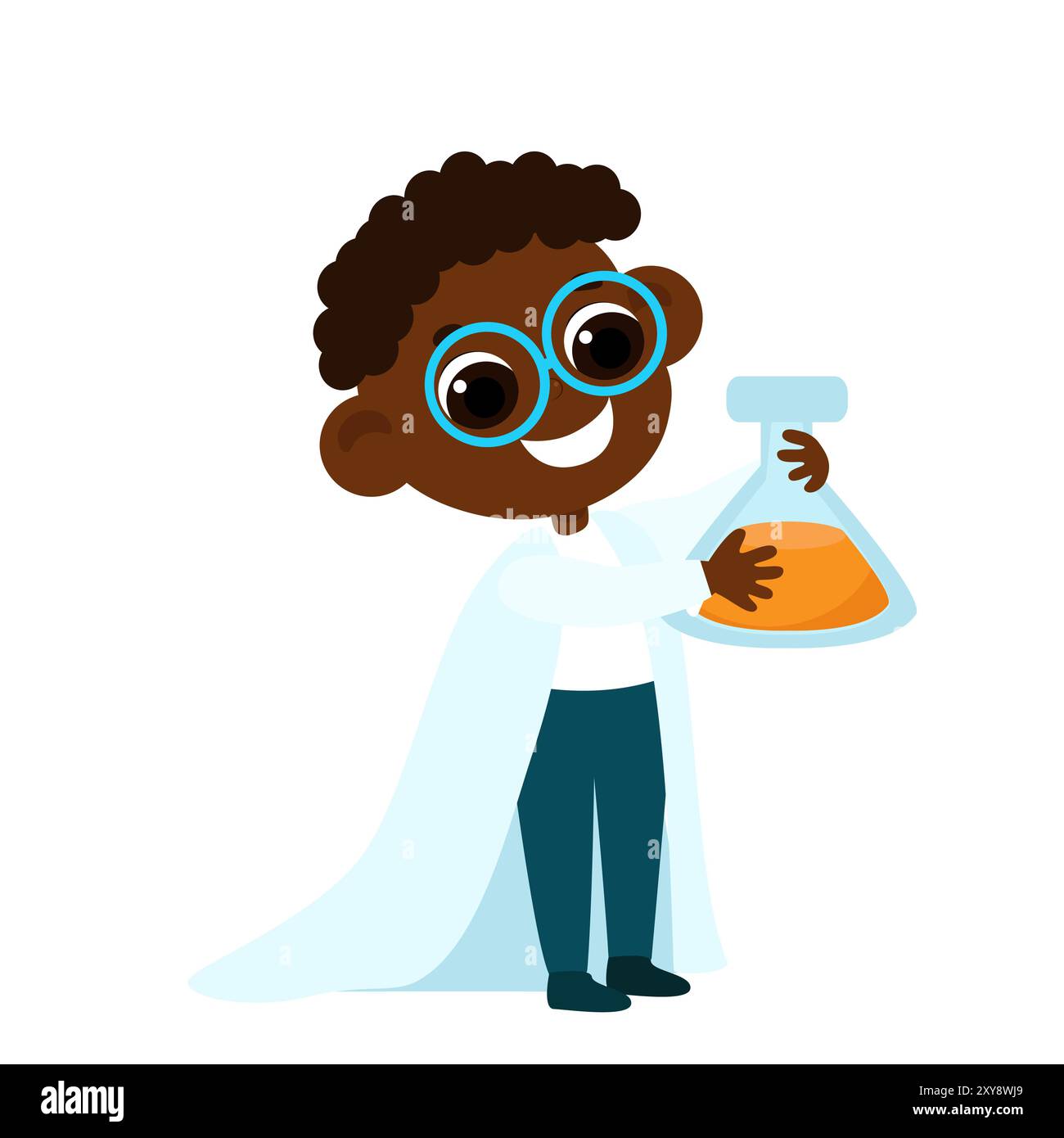 Kid Inventors Day. A boy in a white coat holds a test tube or flask ...