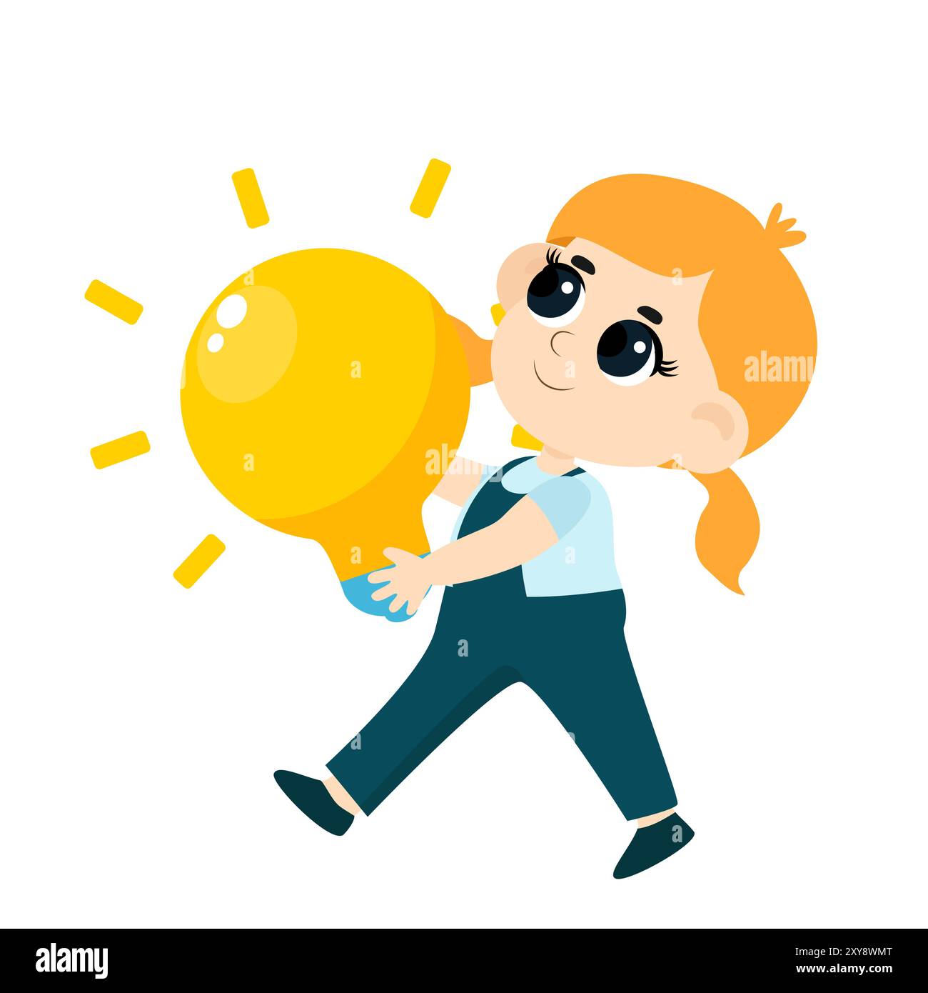 Kid Inventors Day. A cute red-haired girl with ponytails holds a large ...