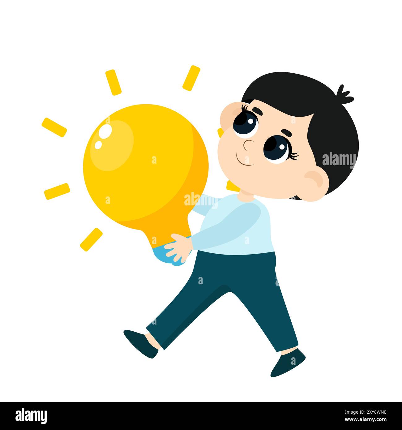 Kid Inventors Day.A cute boy carries a huge yellow light bulb as a ...