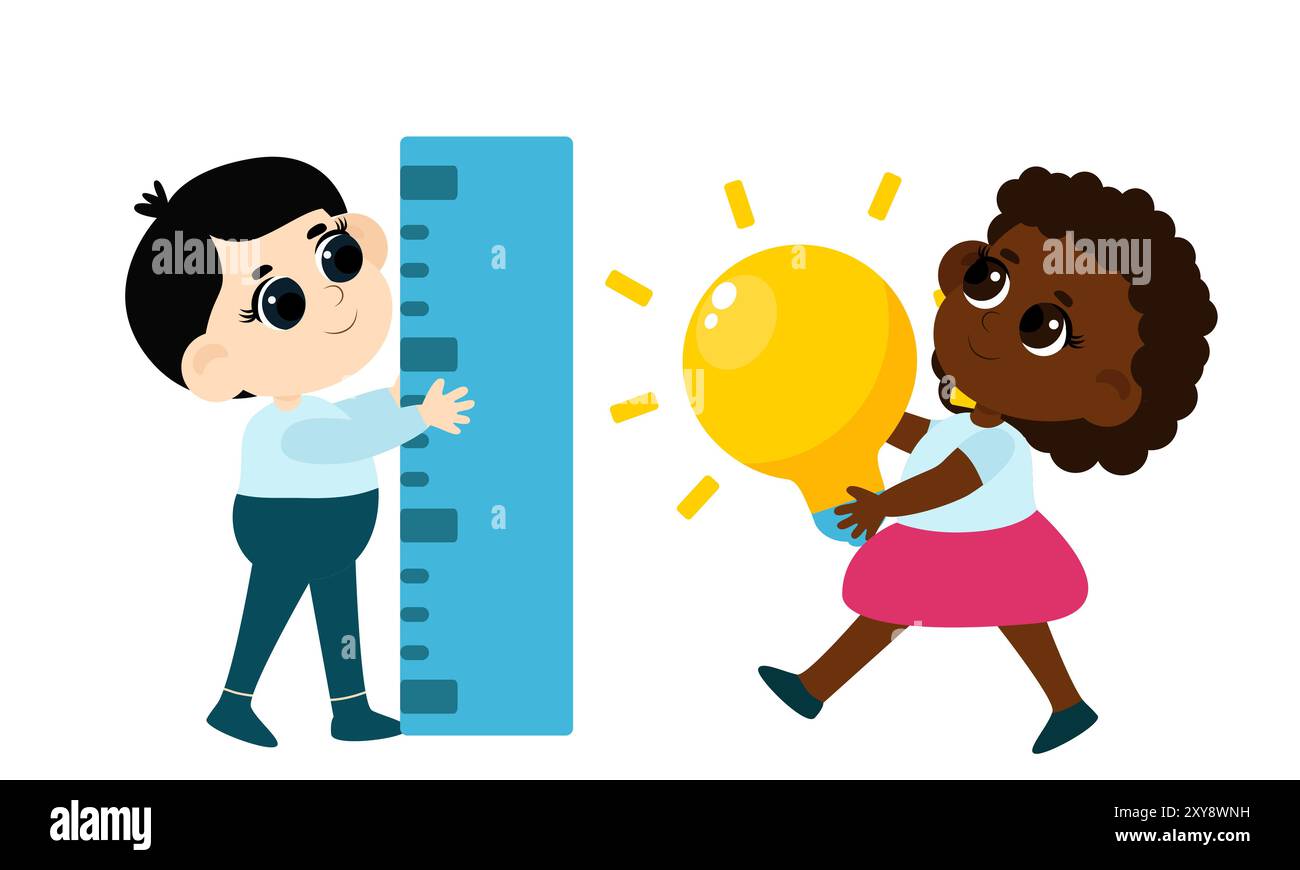 Kid Inventors Day.Cute boy with ruler and girl with light bulb as idea ...
